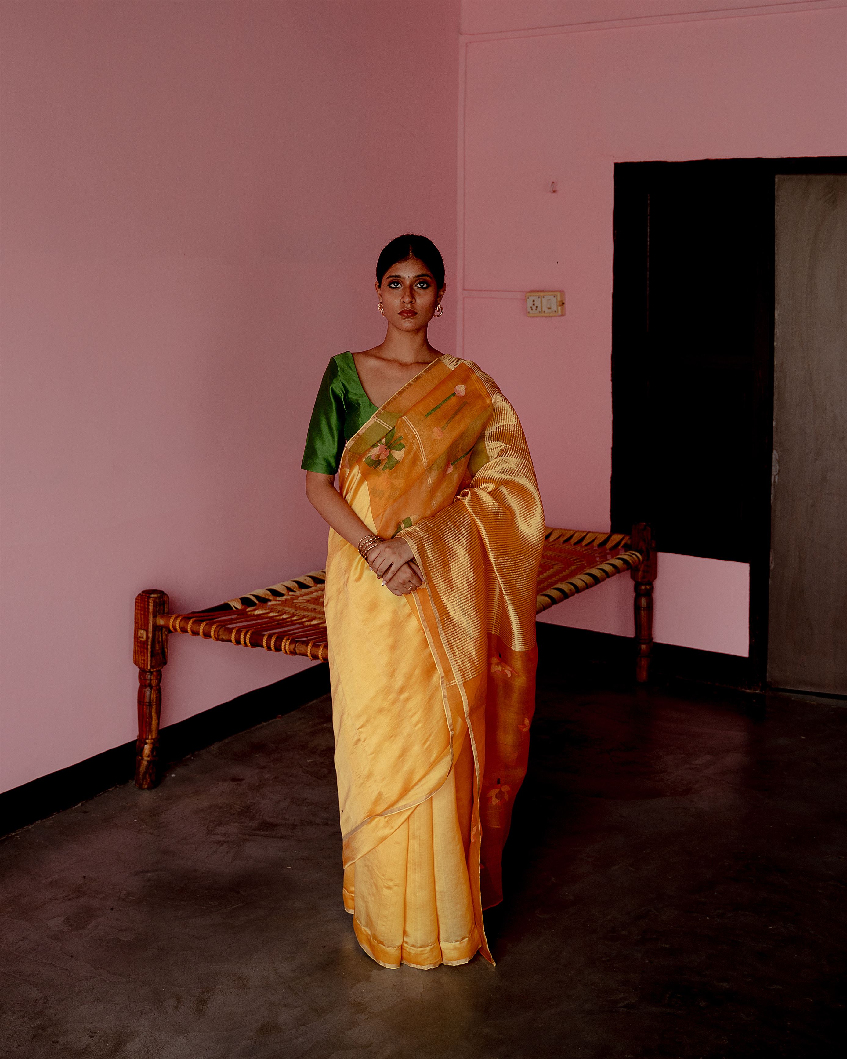 Shop Mustard Silk Organza Saree by Suparna Som | Shop Cult Modern
